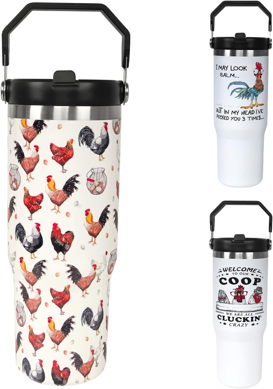 30oz Chicken Bottle Spill Proof Hen Rooster Tumbler with Top Handle and ...