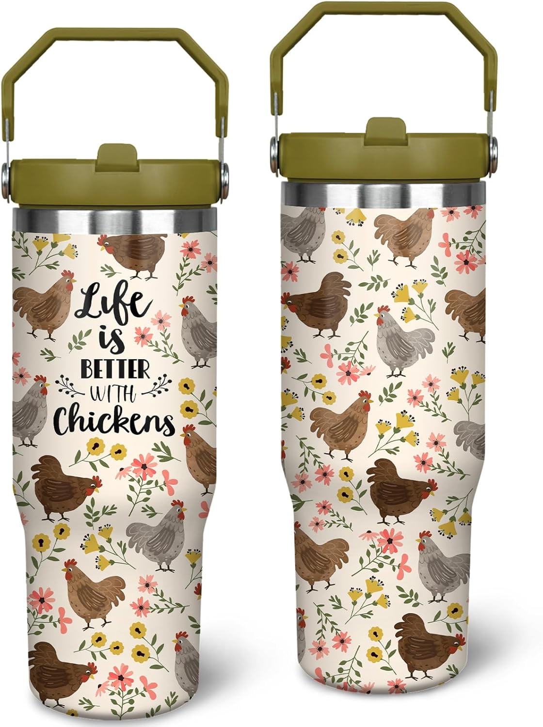 30oz Chicken Tumbler with Handle and Straw, Floral Chicken Stainless ...