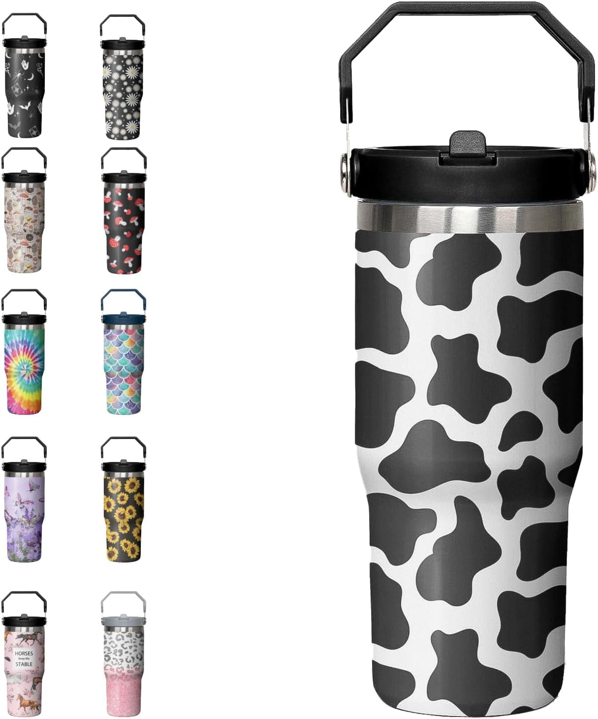 30oz Cow Print Tumbler with Handle Flip Straw Leak Proof Tumbler Cow ...