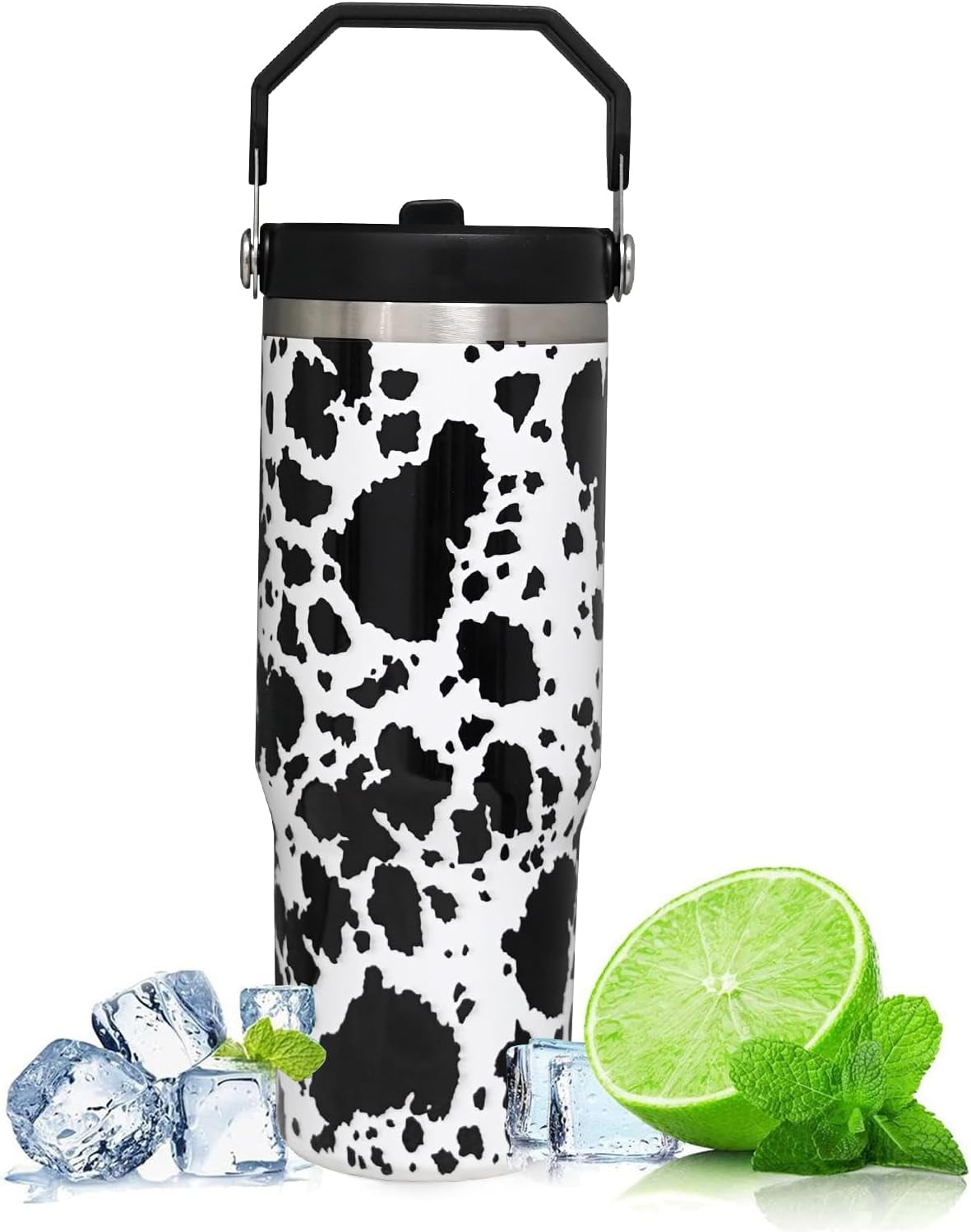 30oz Cow Tumbler With Top Handle- Cow Print Stainless Steel Insulated ...