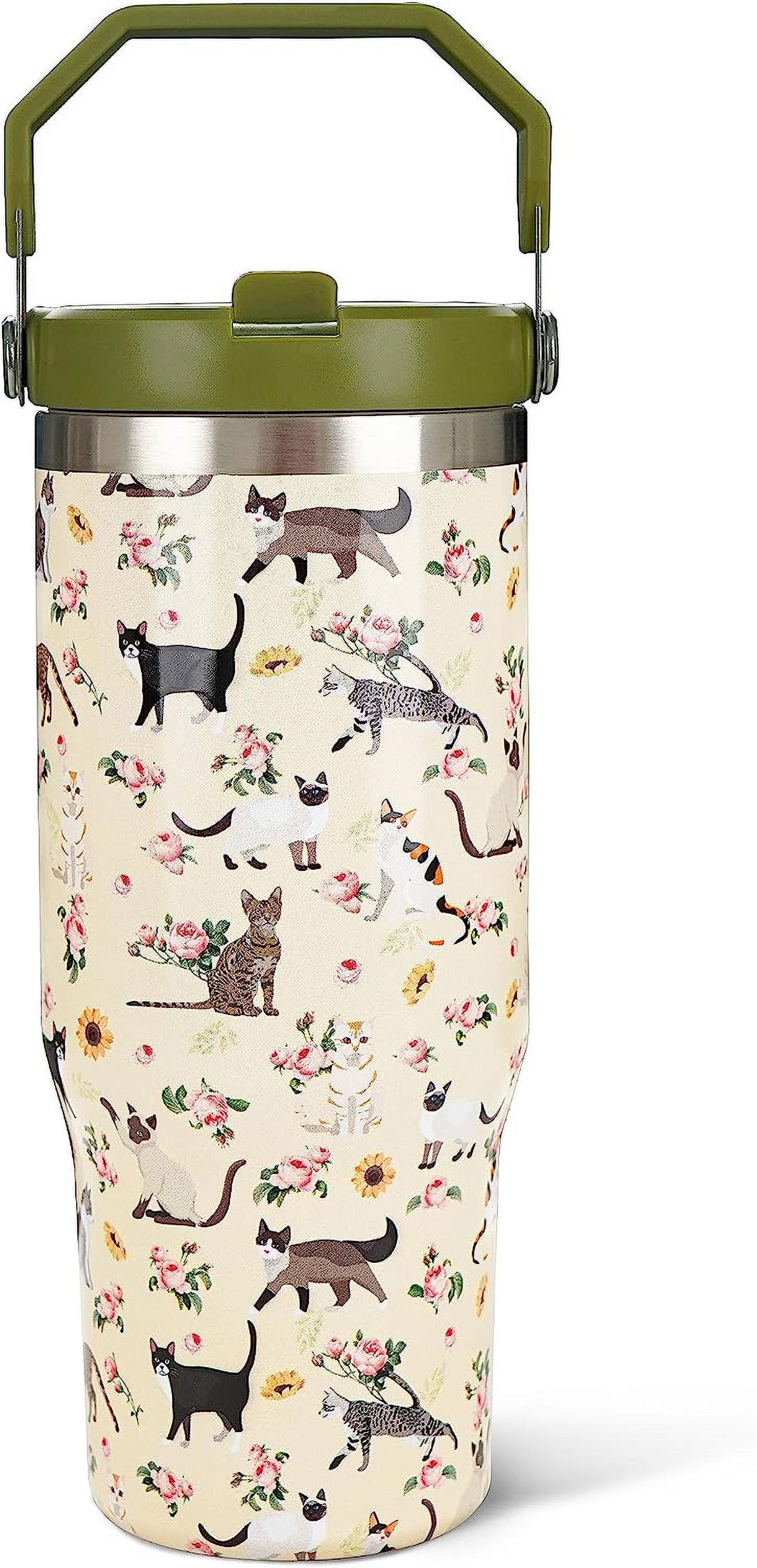 30oz Floral Cat Tumbler with Handle and Straw, Stainless Steel Vacuum ...