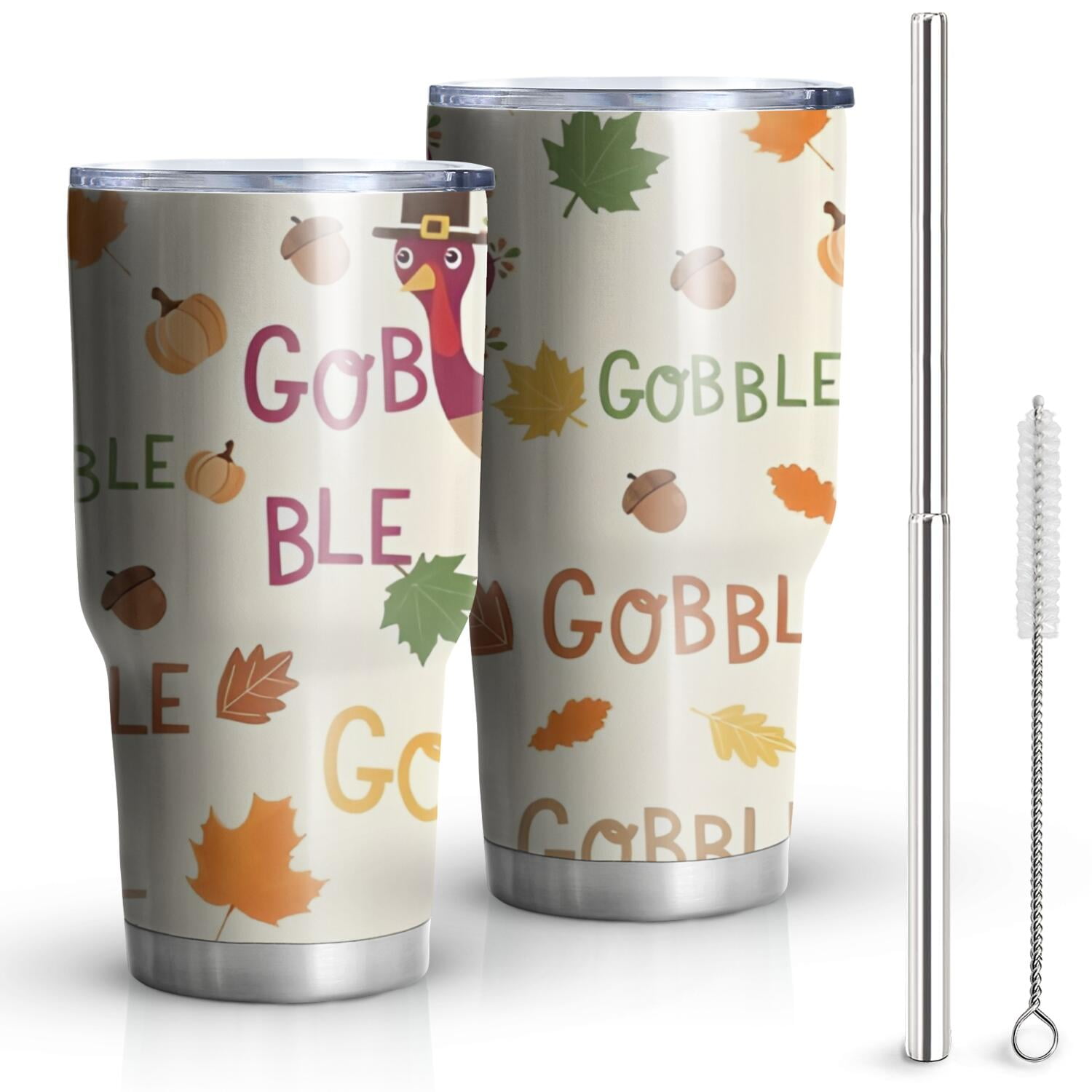 30oz Happy Thanksgiving Turkey Fall Leaves Tumblers Stainless Steel Tumbler with Lid and Straw ...
