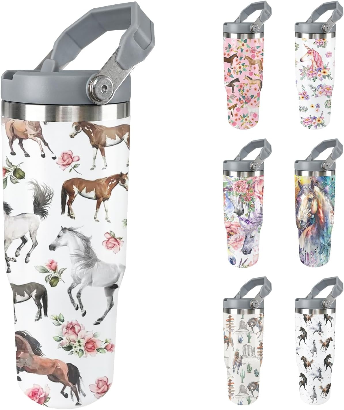 30oz Horse Tumbler with Handle Stainless Steel Flip Straw Tumblers ...