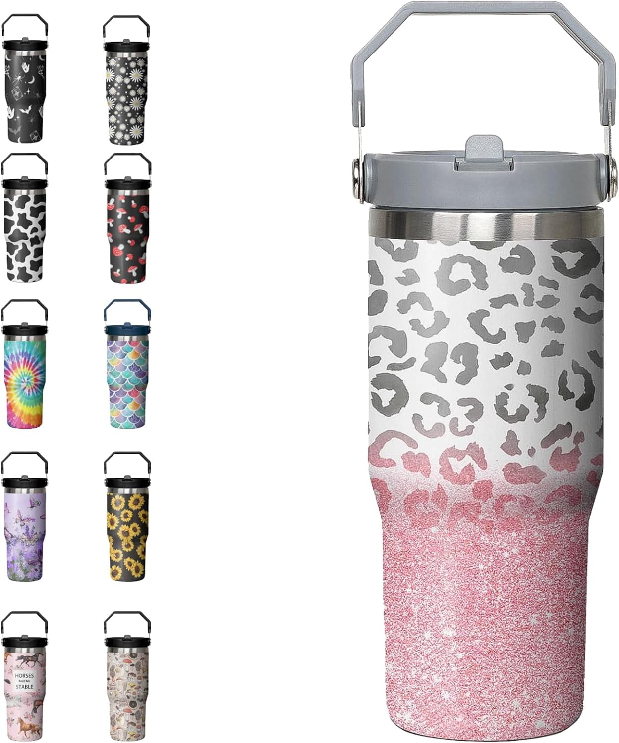 30oz Leopard Print Tumbler with Handle Flip Straw Pink Leopard Print ...
