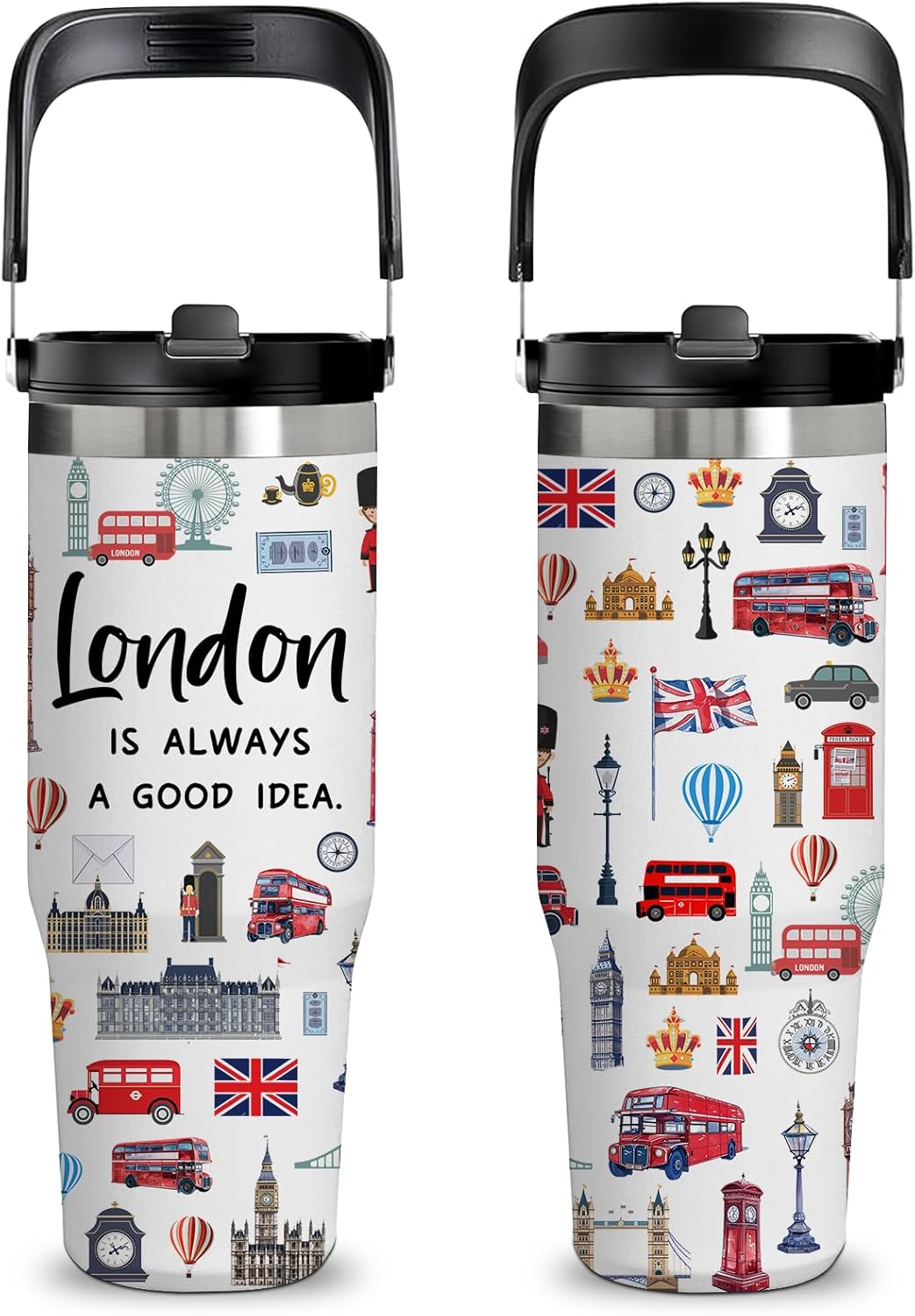 30oz London-Themed Gift Tumbler with Handle - Stainless Steel Travel ...
