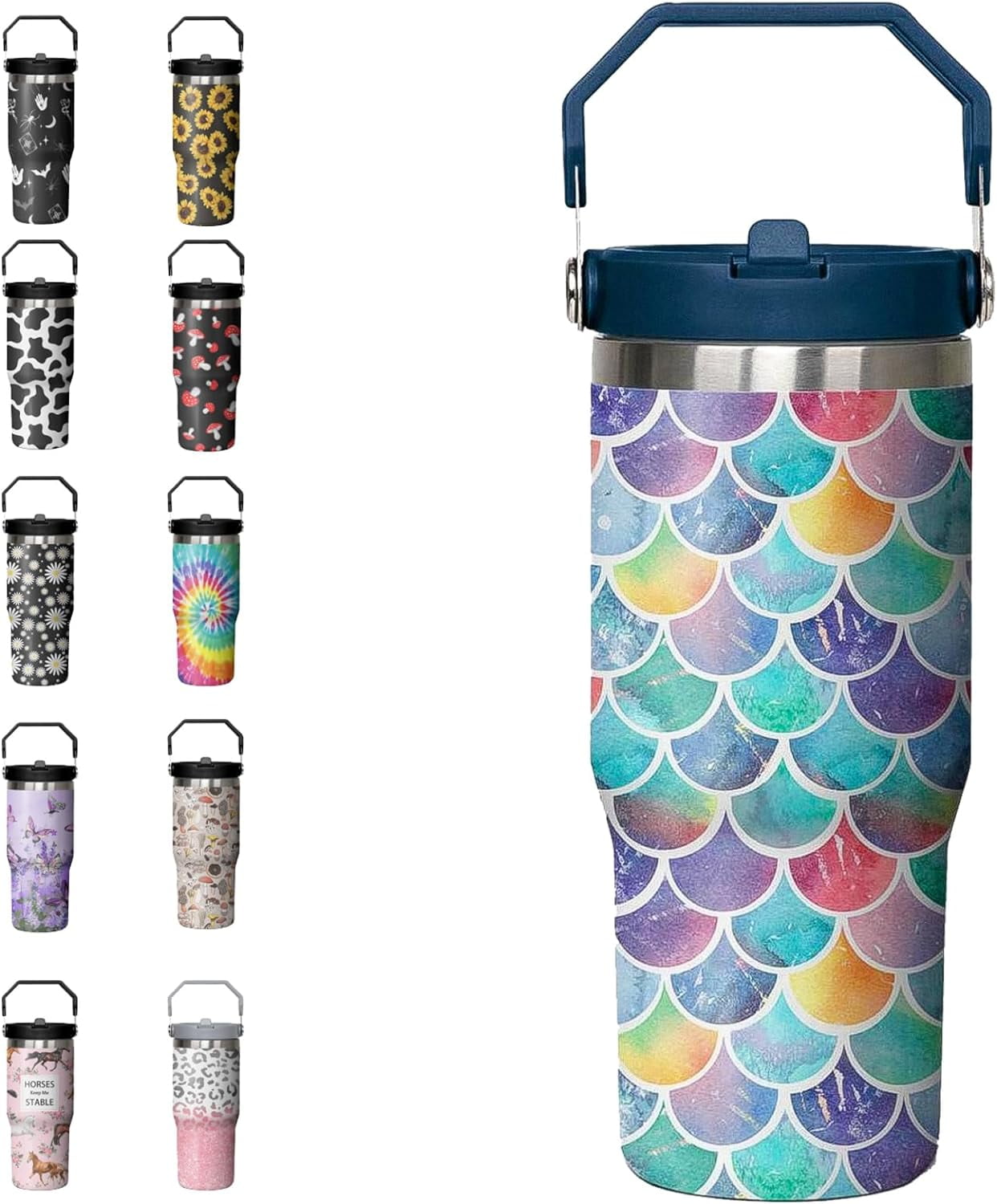 30oz Mermaid Print Tumbler with Handle Flip Straw Mermaid Print Coffee ...