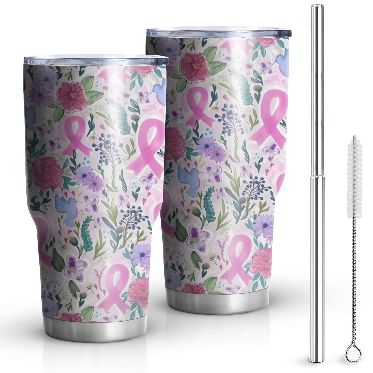 30oz Pink Breast Cancer Tumblers Stainless Steel Tumbler with Lid and ...