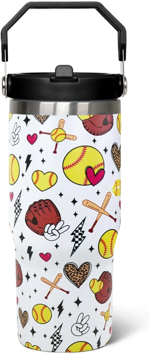 30oz Softball Tumbler with Flip Lid, Handle & Straw - Insulated Travel ...