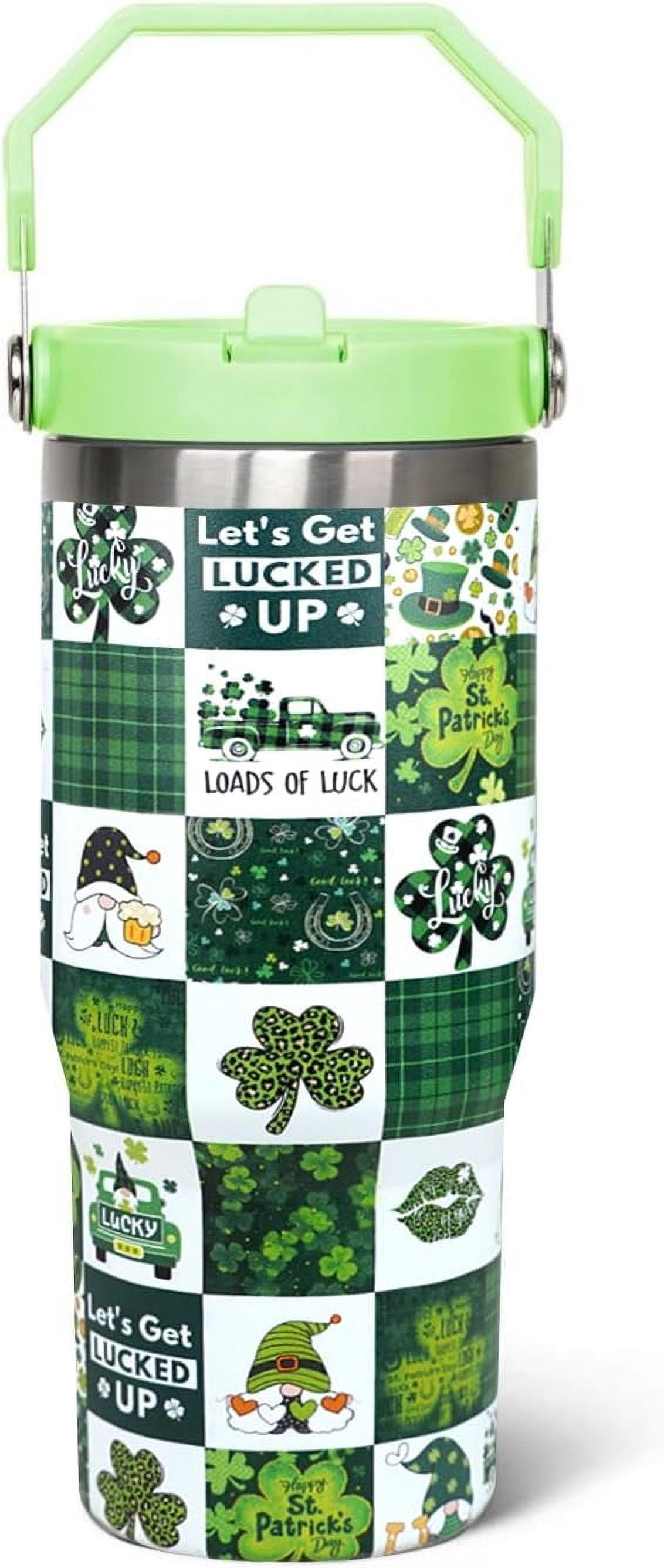 30oz St.Patrick''s Gnome Flip Tumbler with Straws,Green Irish Shamrocks ...