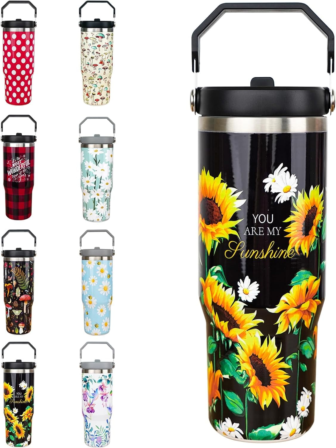 30oz Sunflower Tumbler with Handle and Straw, Stainless Steel Vacuum ...