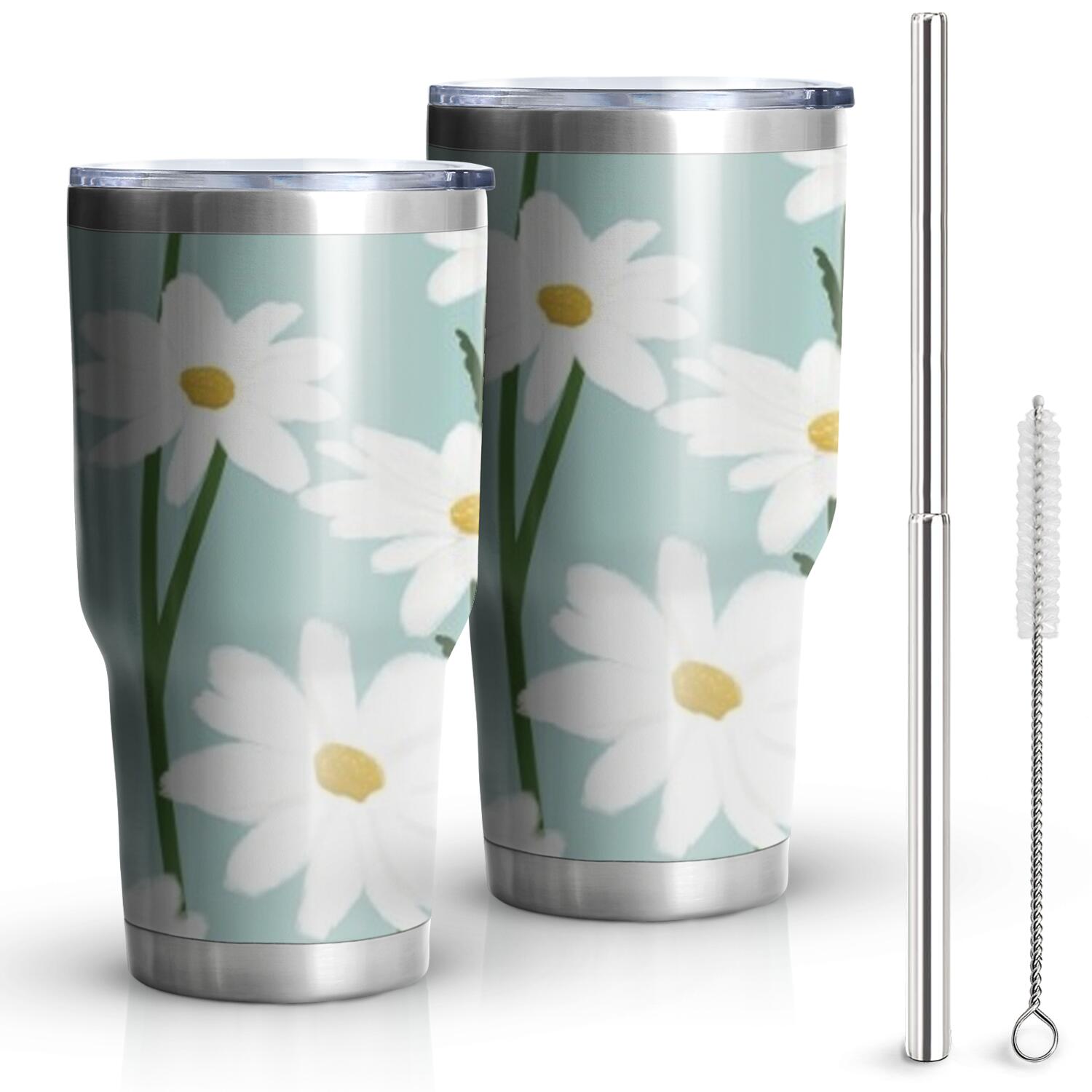 30oz Teal Daisy Flower White Blooms Pattern Tumblers Stainless Steel ...