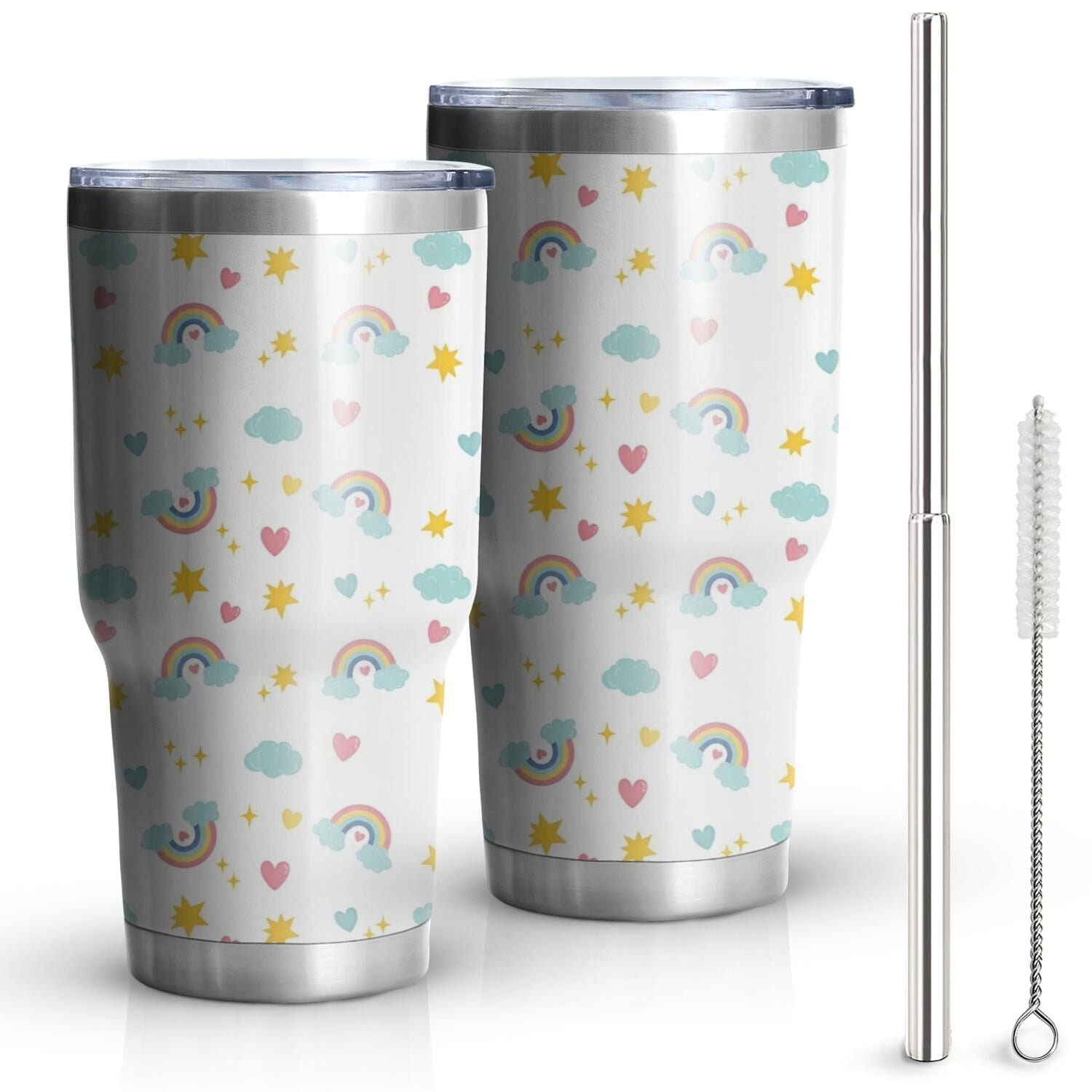 30oz White Cartoon Rainbow Cloud Star Heart Pattern Tumblers Stainless ...