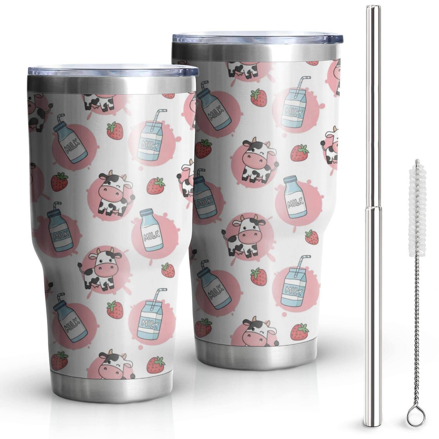30oz White Cow Milk Strawberry Pattern Tumblers Stainless Steel Tumbler ...
