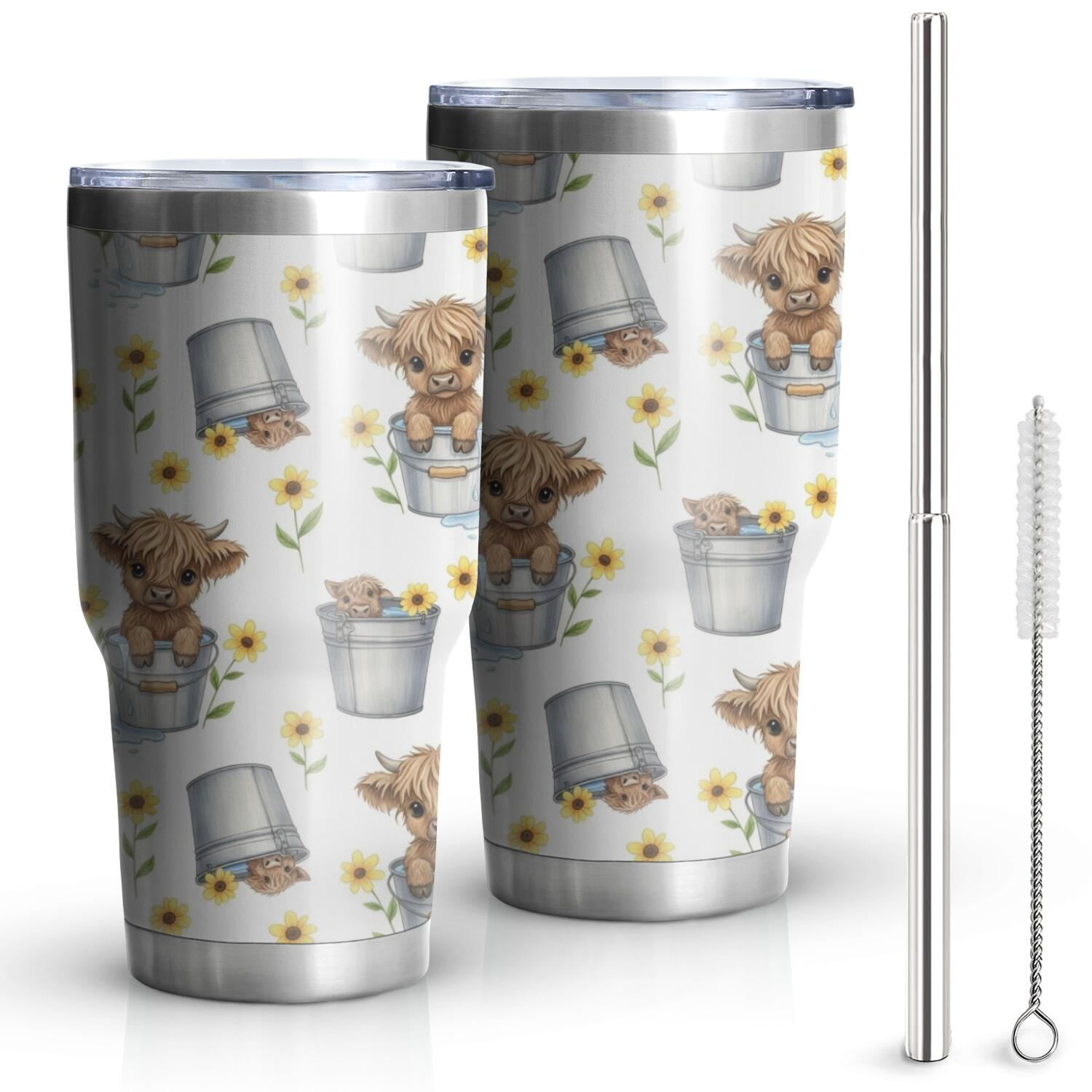 30oz White Highland Cow Bucket Sunflower Pattern Tumblers Stainless ...