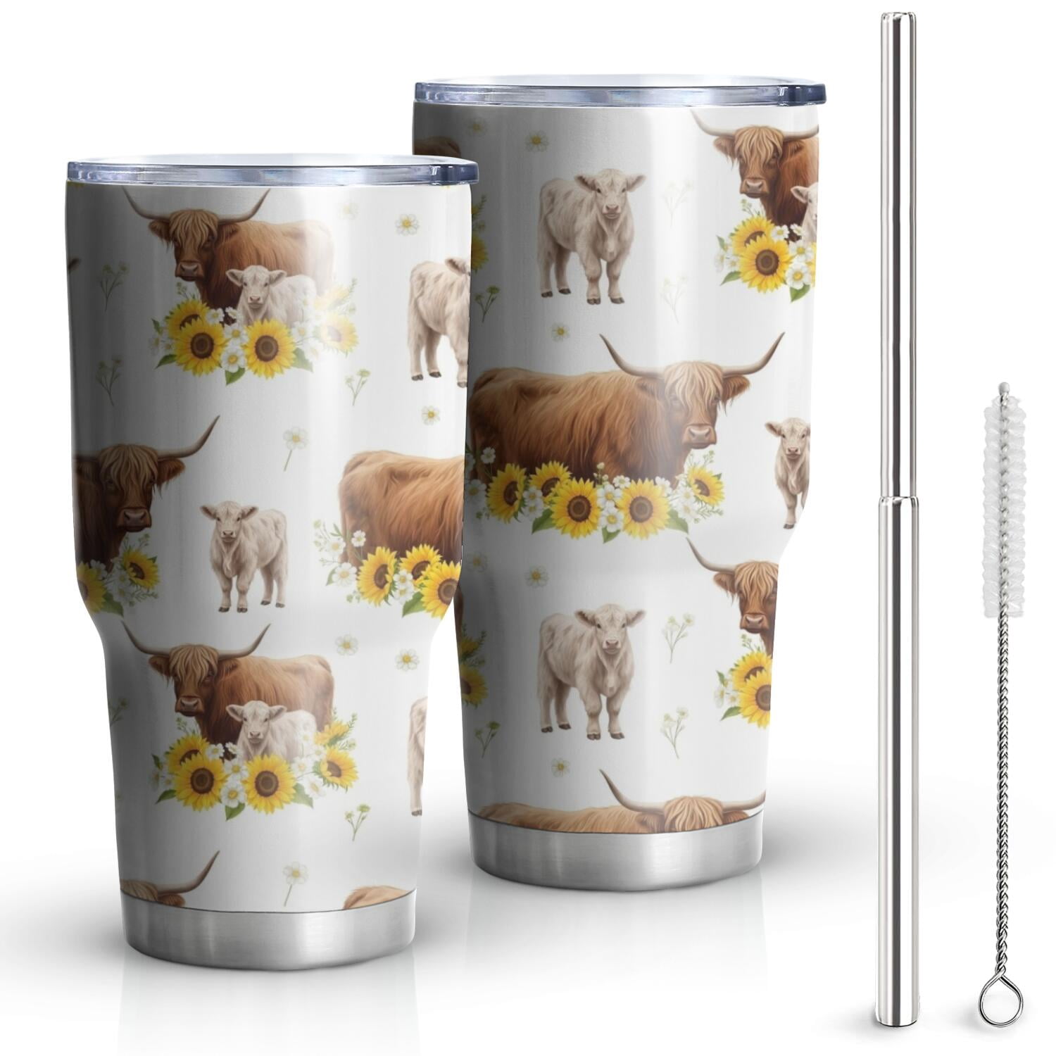 30oz White Highland Cow Sunflower Calf Pattern Tumblers Stainless Steel ...