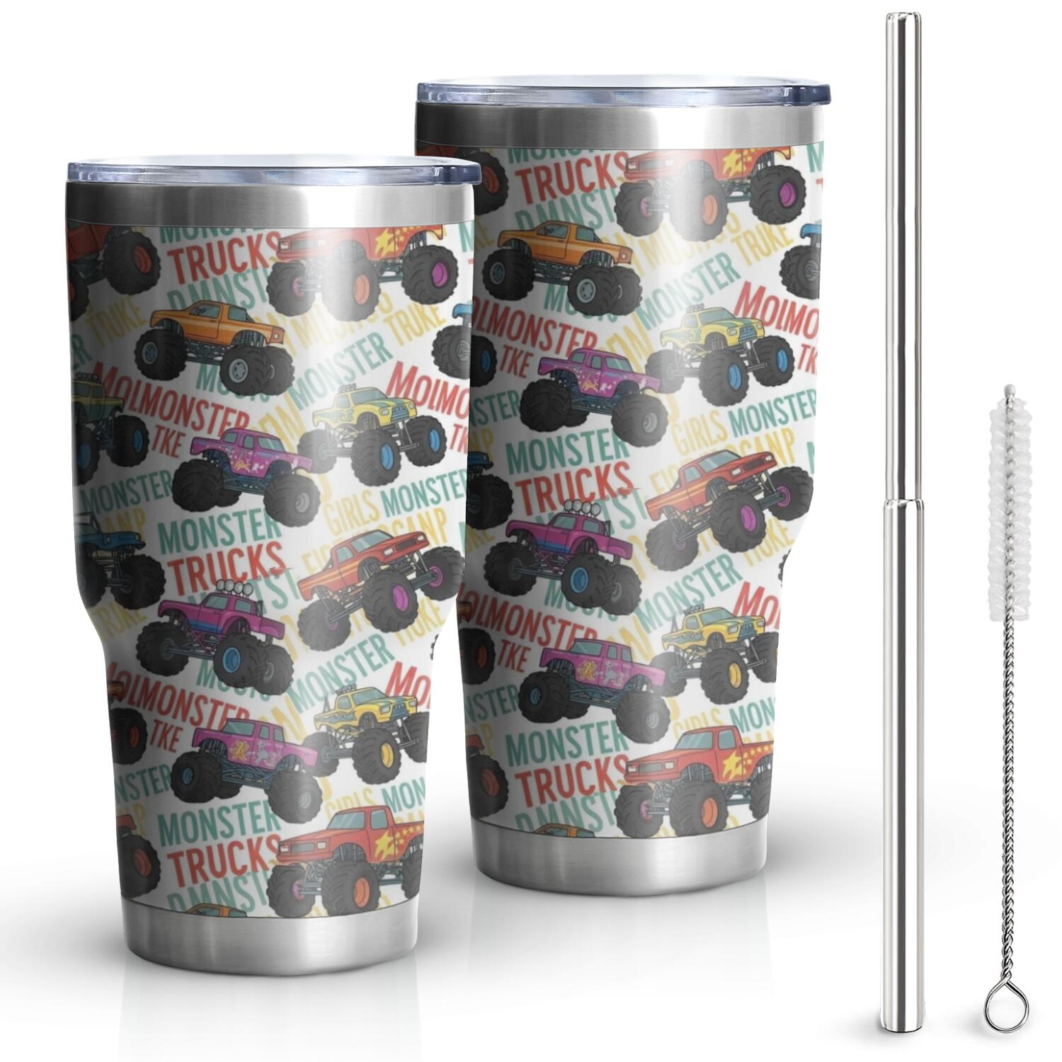 30oz White Monster Cartoon Trucks Word Pattern Tumblers Stainless Steel ...