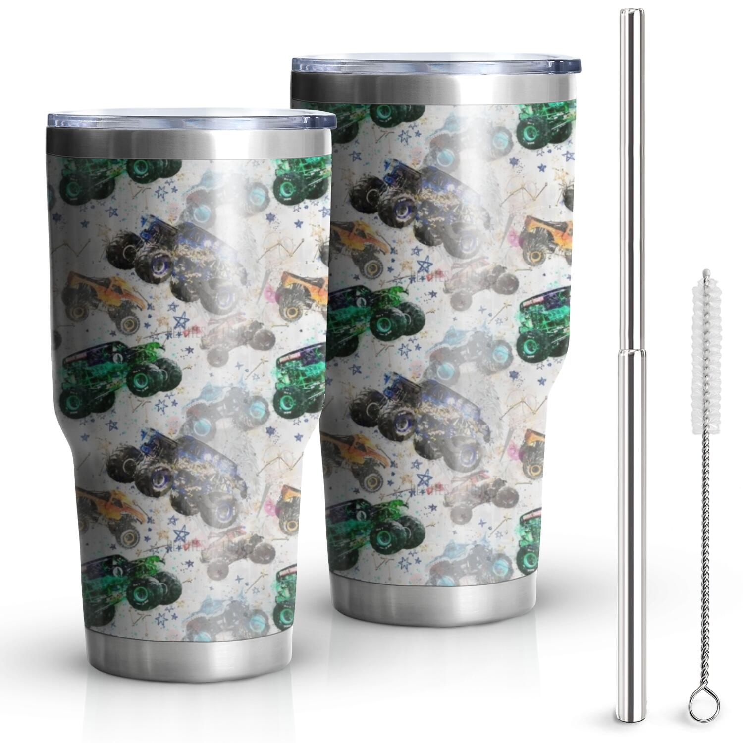 30oz White Splash Monster Cartoon Trucks Pattern Tumblers Stainless ...