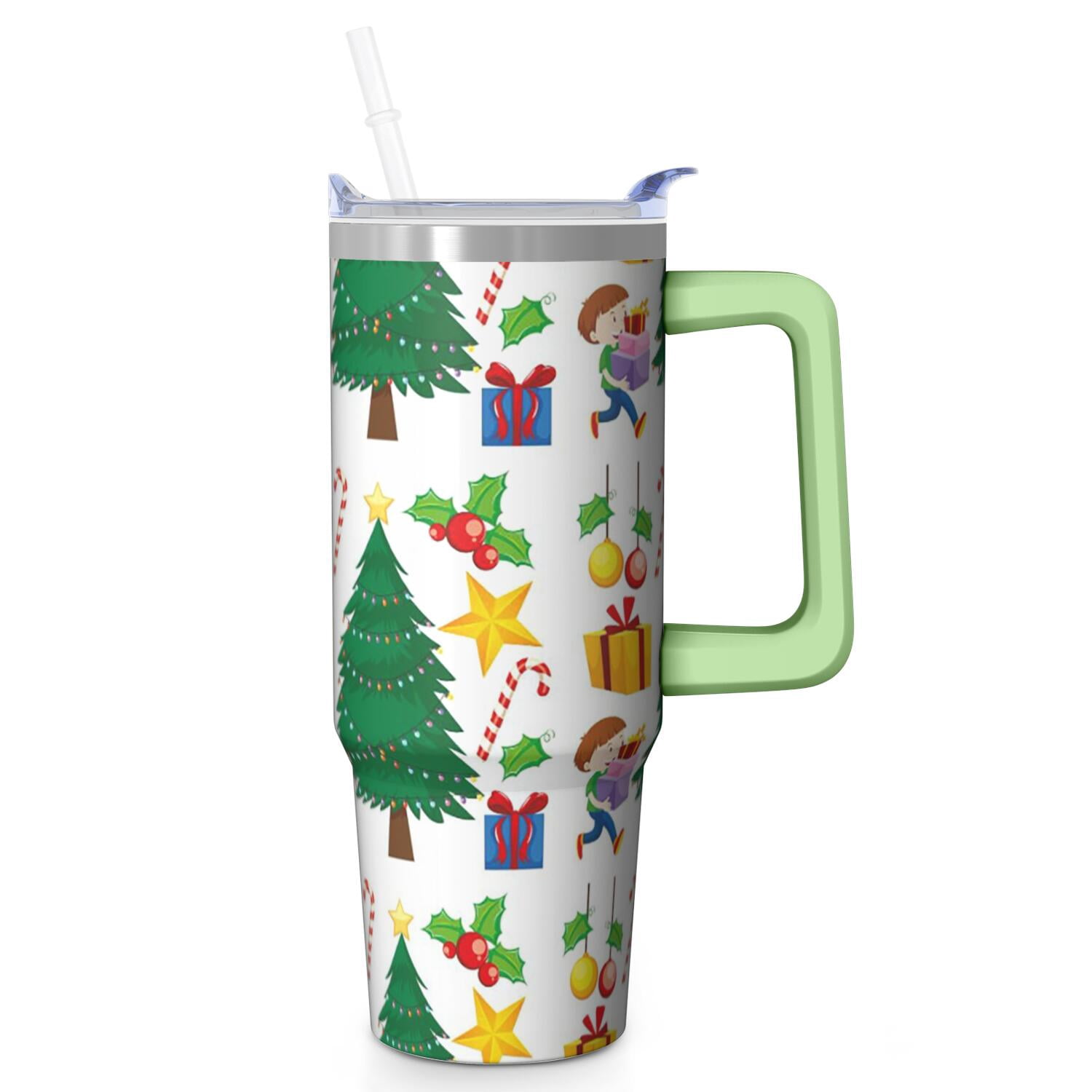 30oz Xmas Tumbler with Straw and Handle, Merry Christmas Elk Snowflakes ...