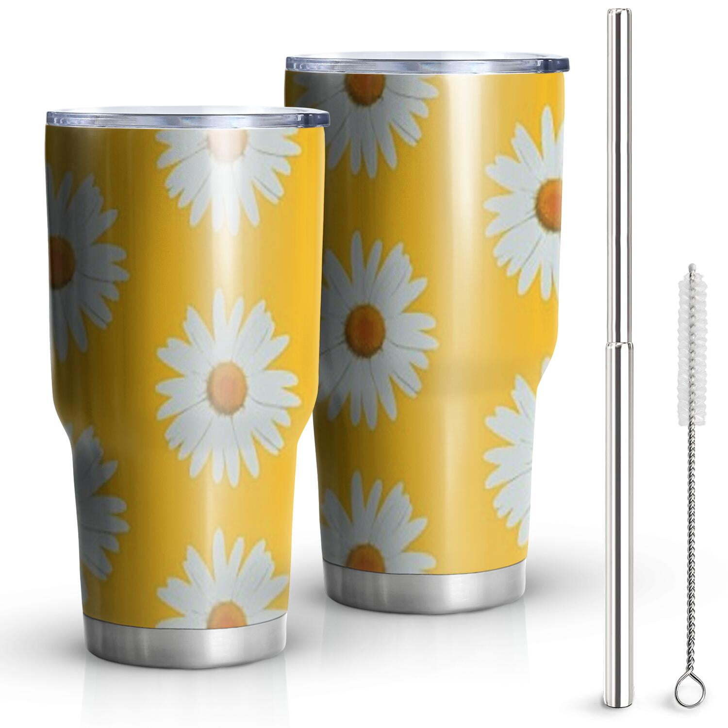 30oz Yellow Daisy Flower White Blooms Pattern Tumblers Stainless Steel ...