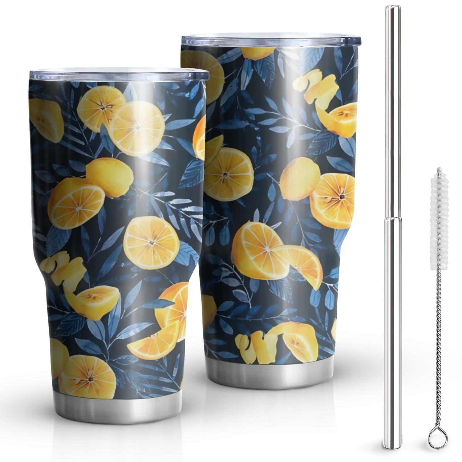30oz Yellow Lemon Slices DarkBlue Pattern Tumblers Stainless Steel ...