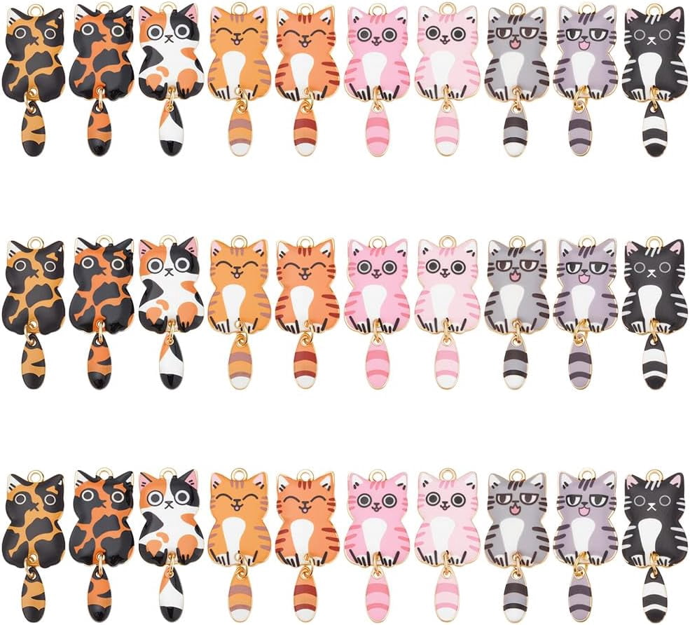 30pcs 10 Colors Enamel Cat Charms Cute Anime Cat Dangle Pendants 39mm ...