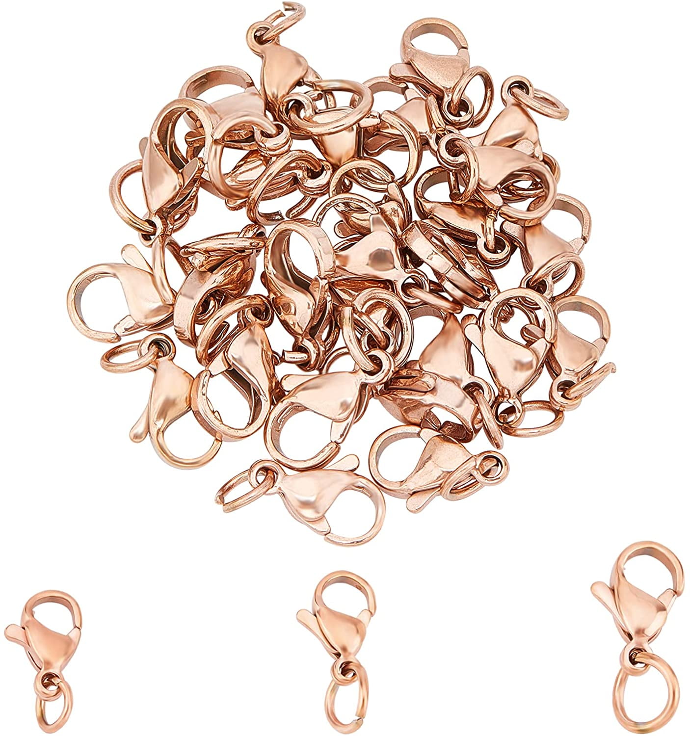 30pcs 3 Sizes Rose Gold Lobster Claw Clasps 9-12mm Necklace Claw Clasps with Loop Stainless ...