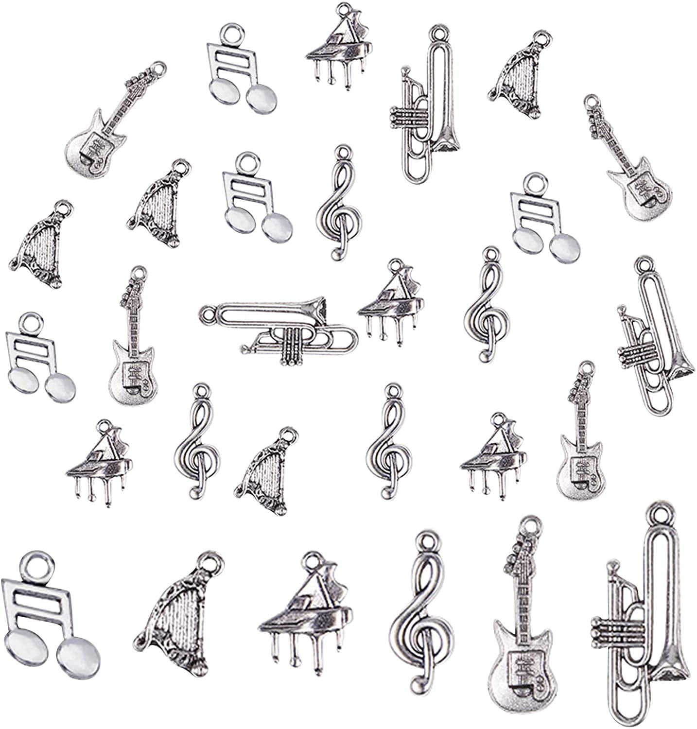 30pcs 6 Styles Musical Instruments Charms Antique Silver Alloy Pendants ...
