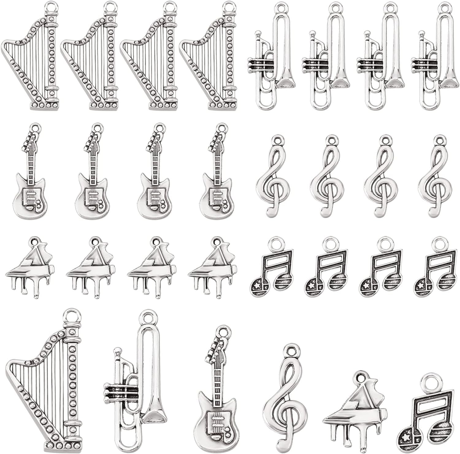 30pcs 6 Styles Musical Instruments Charms Silver Alloy Pendants Charms ...