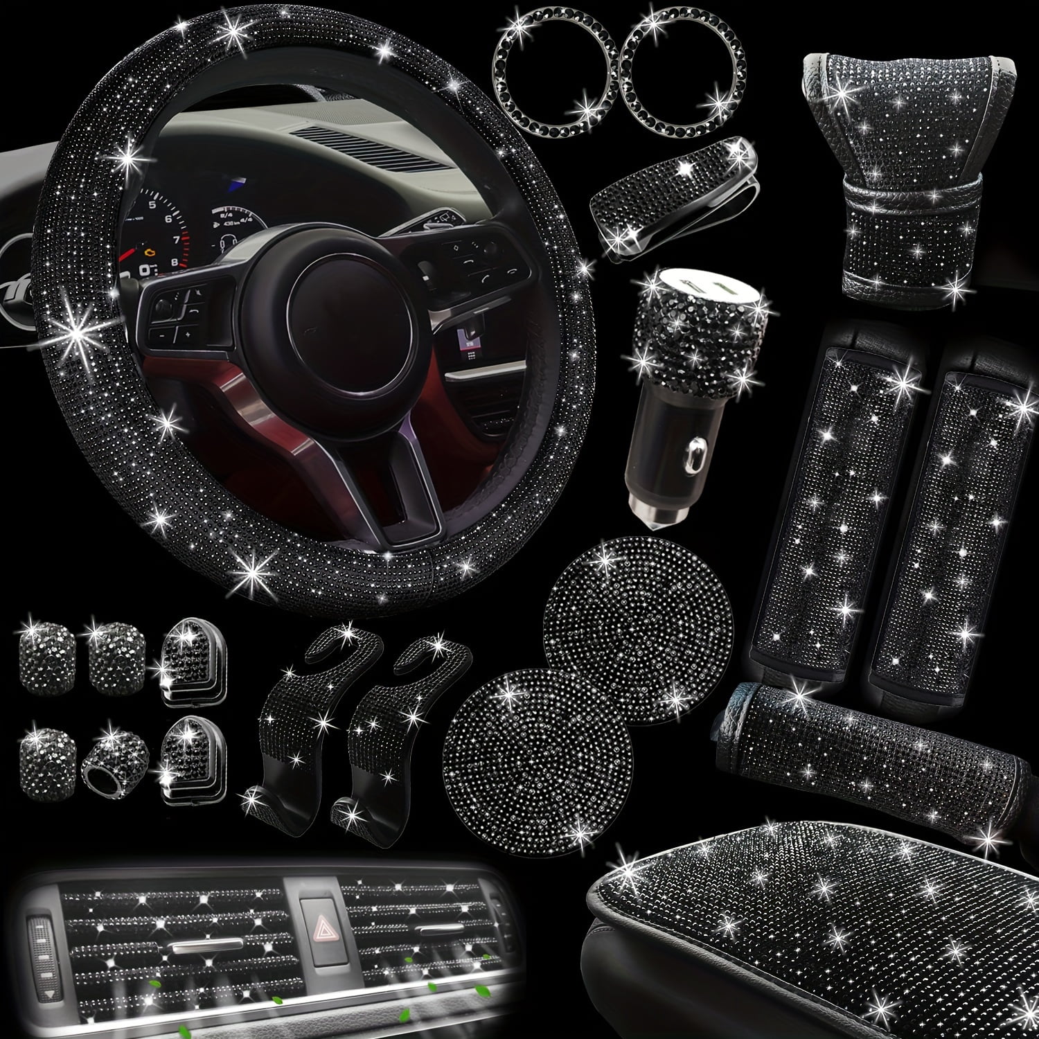30pcs Bling Car Accessories Set for Women, Steering Wheel Covers ...