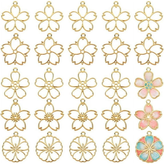 30pcs Blossom Open Bezel Pendants Flower Charms 5-Shape Hollow Frame ...