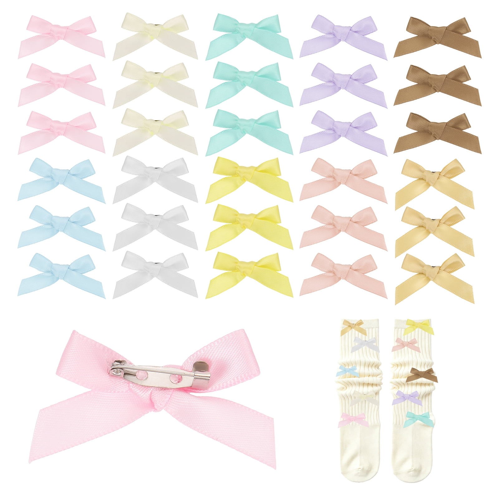 30pcs Bow Charms for Socks,Ribbon Bow Brooch Safety Pins Mini Ribbon ...