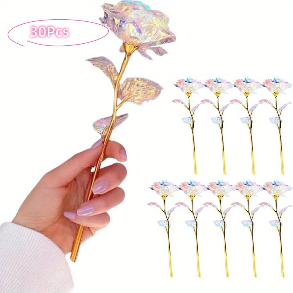 30pcs Colorful Artificial Rainbow Roses with Golden Leaves, White ...