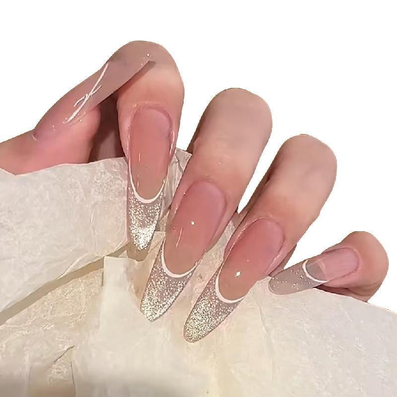 30pcs French Tip Press On Nails Long Almond False Nails Glossy Acrylic ...