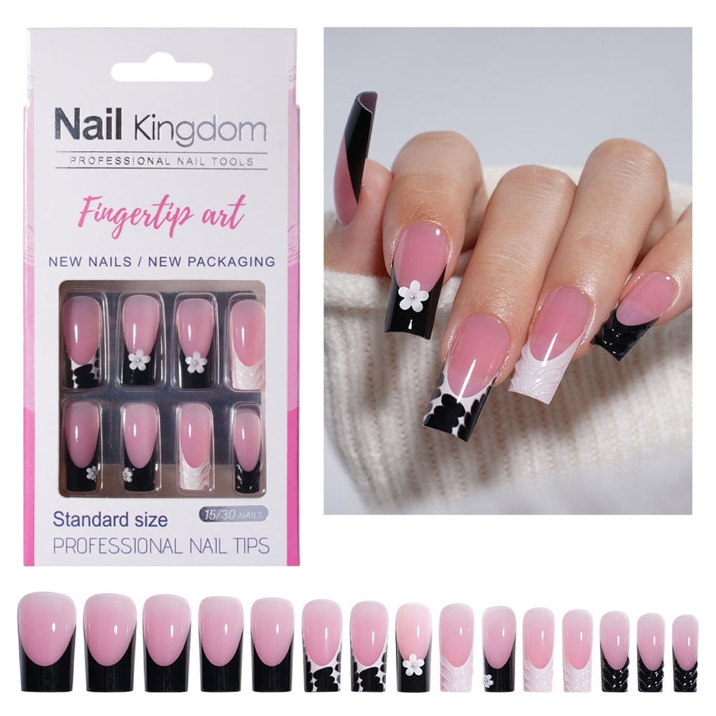 30pcs Long Square French Tip Press On Nail Glossy Acrylic False Nail ...