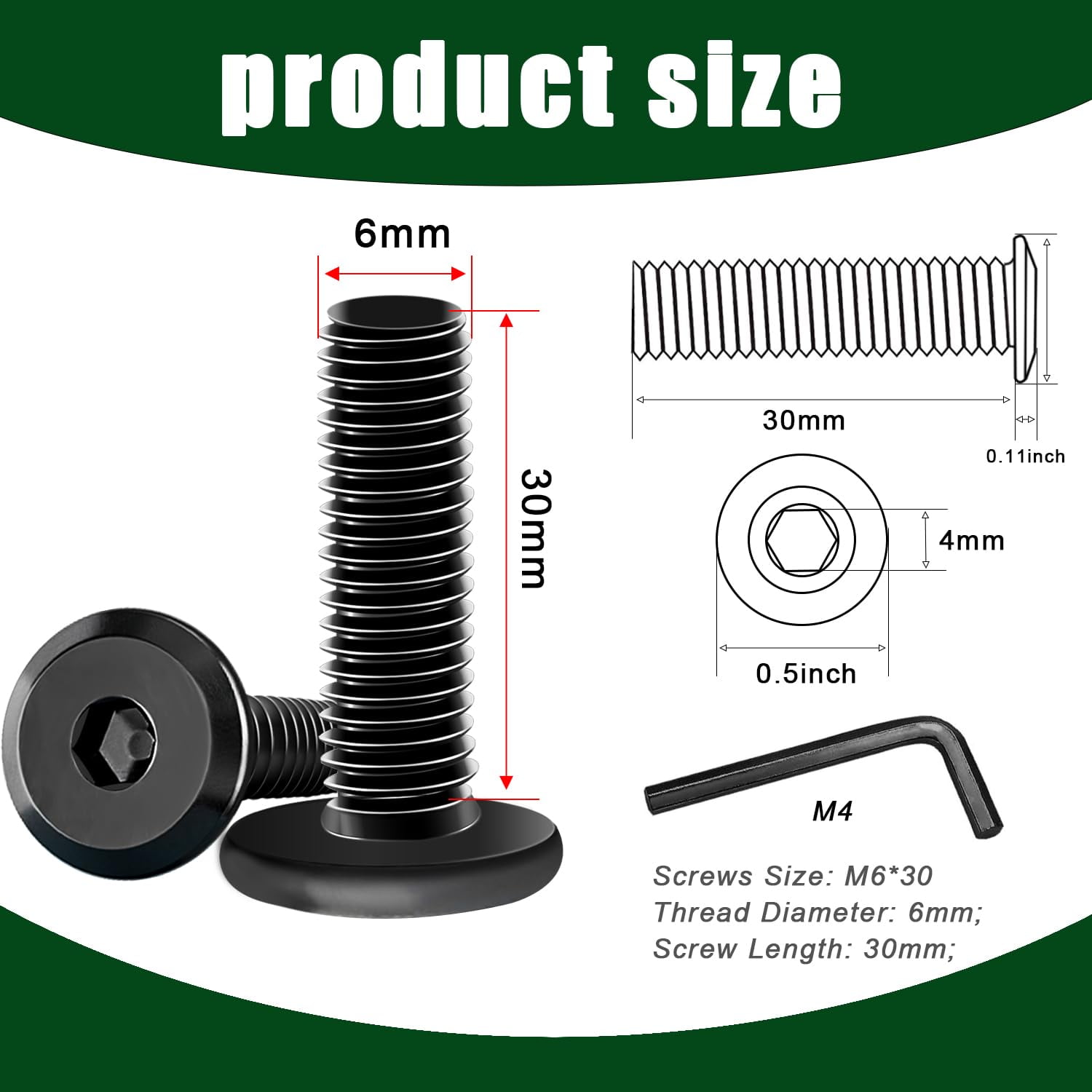 30pcs M6 x 30mm Flat Head Socket Head Screw Furniture Bolts Stainless ...