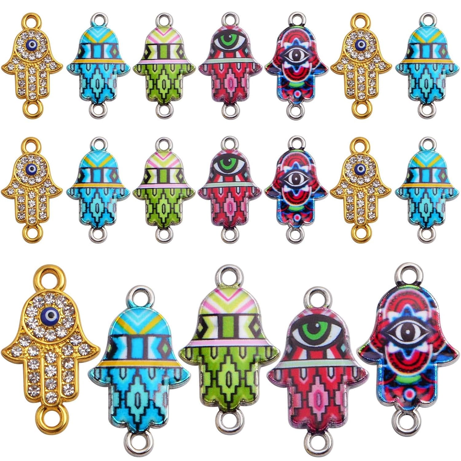 30pcs Mixed Alloy Rhinestone Hamsa Hand of Fatima Charms Colorful Evil ...