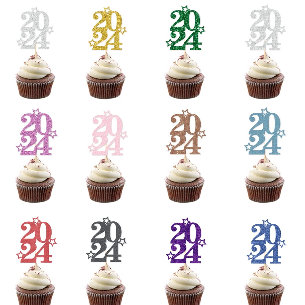 30pcs New Year Cupcake Toppers 2024 Cake Decorations Paper Made Cake ...
