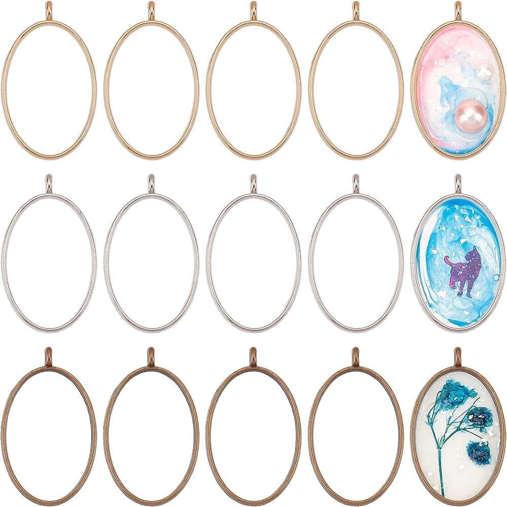 30pcs Oval Open Bezel Charms 3-Color Alloy Frame Pendants Color-Lasting ...