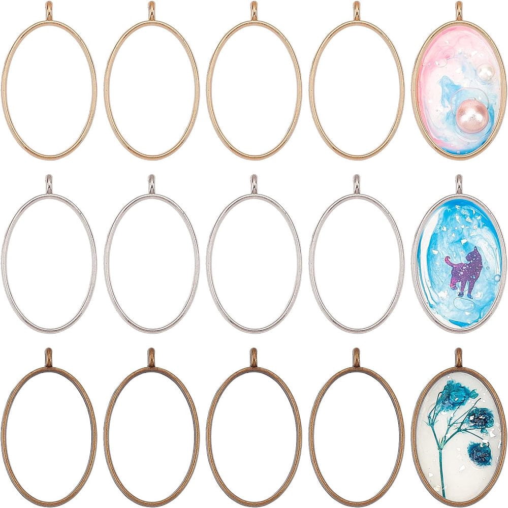 30pcs Oval Open Bezel Charms 3-Color Alloy Frame Pendants Color-Lasting ...
