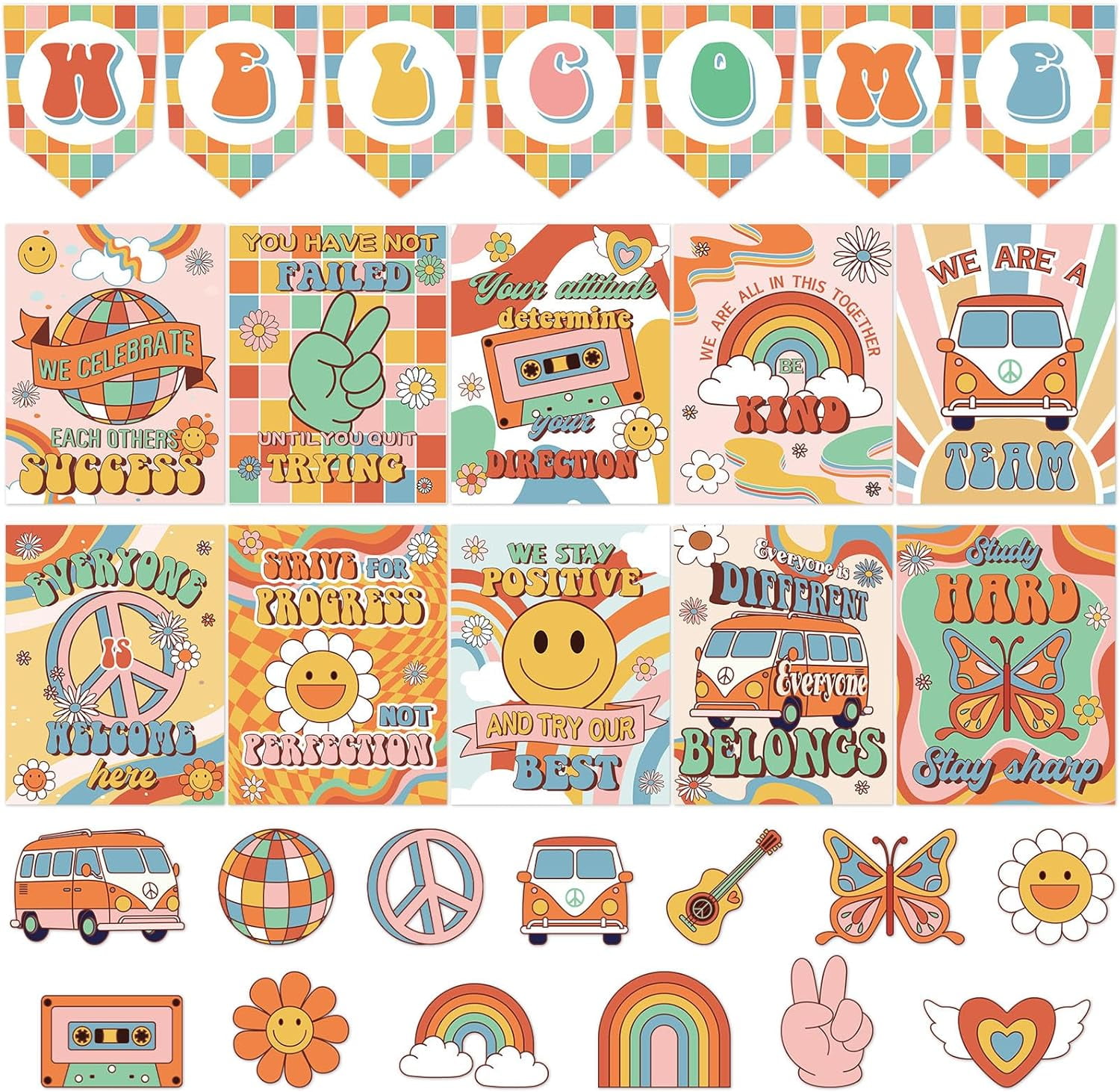 30pcs Retro Welcome Classroom Posters Groovy Bulletin Board Decoration ...