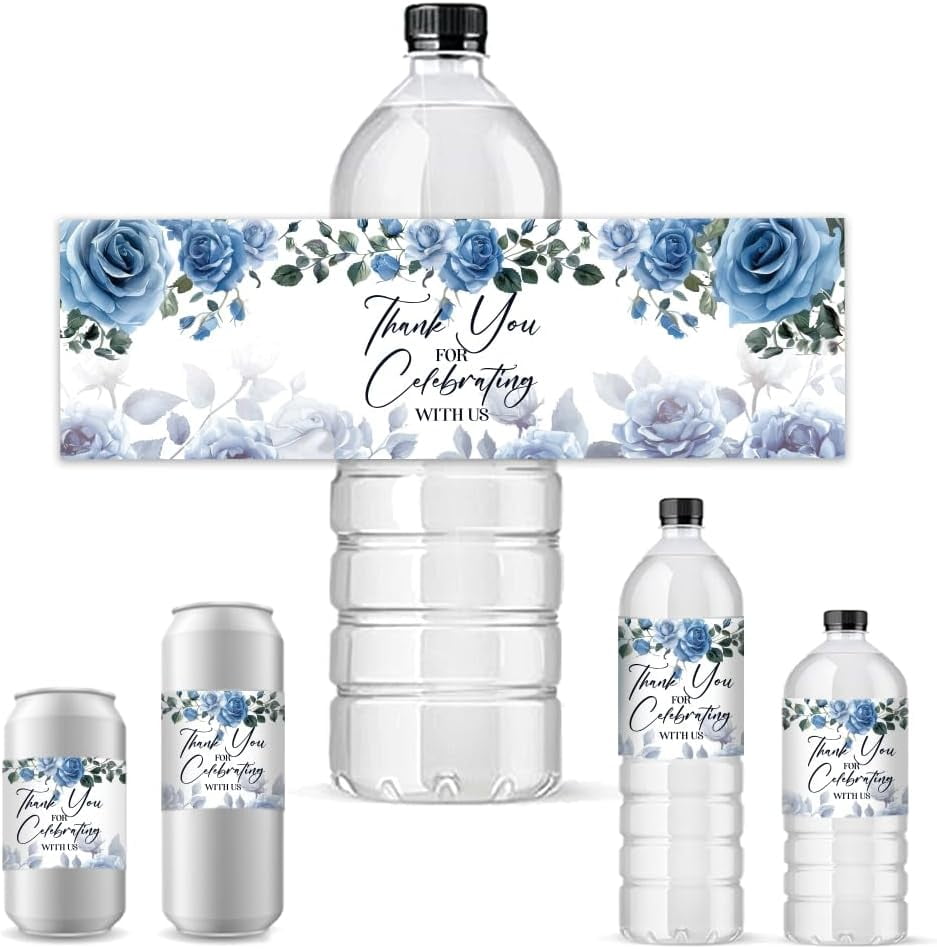30sheets 30pcs Water Bottle Labels Blue Roses Thank You Stickers for ...