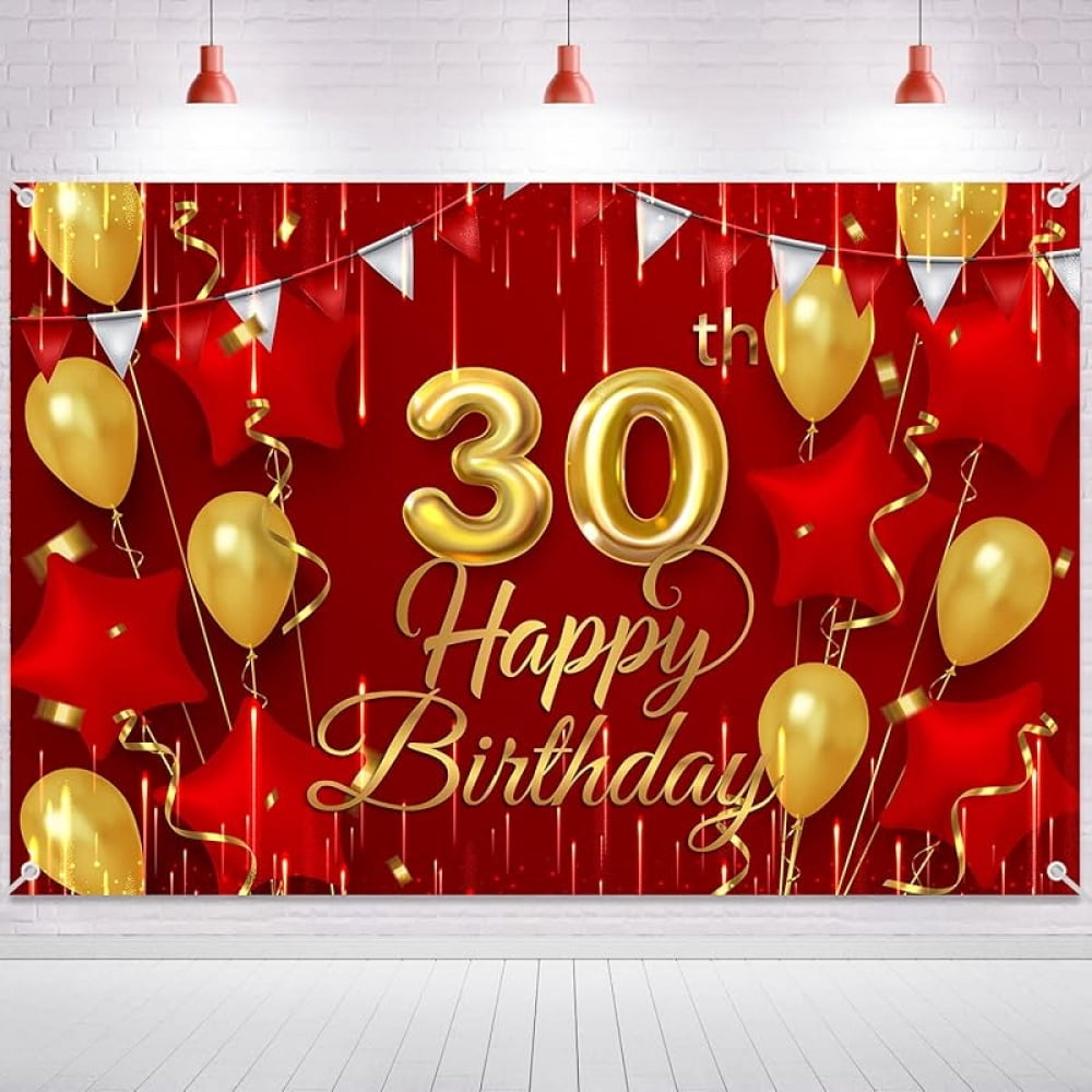 30th Birthday Backdrop Banner Decorations Red and Gold for Women Men ...
