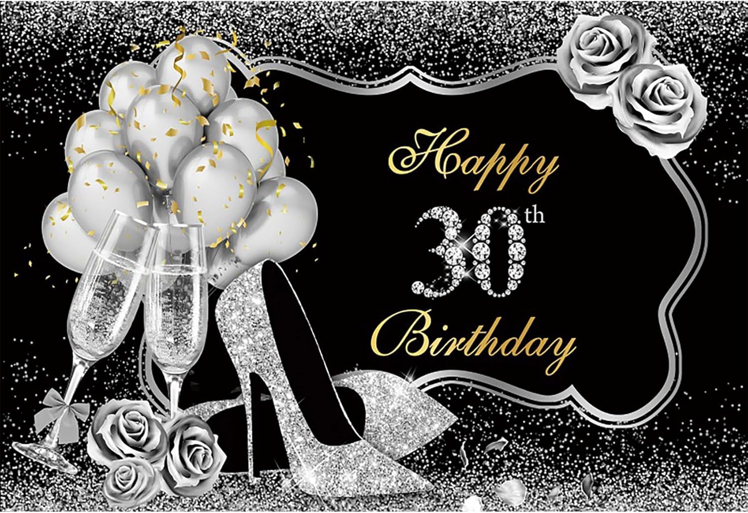 30th Birthday Backdrop Black Silver Theme Birthday Party Background Silver High Heels Bokeh ...