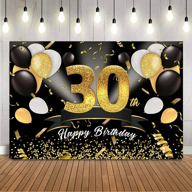 30th Birthday Backdrop Gold Glitter Sprinkle Dots Happy Birthday Party ...