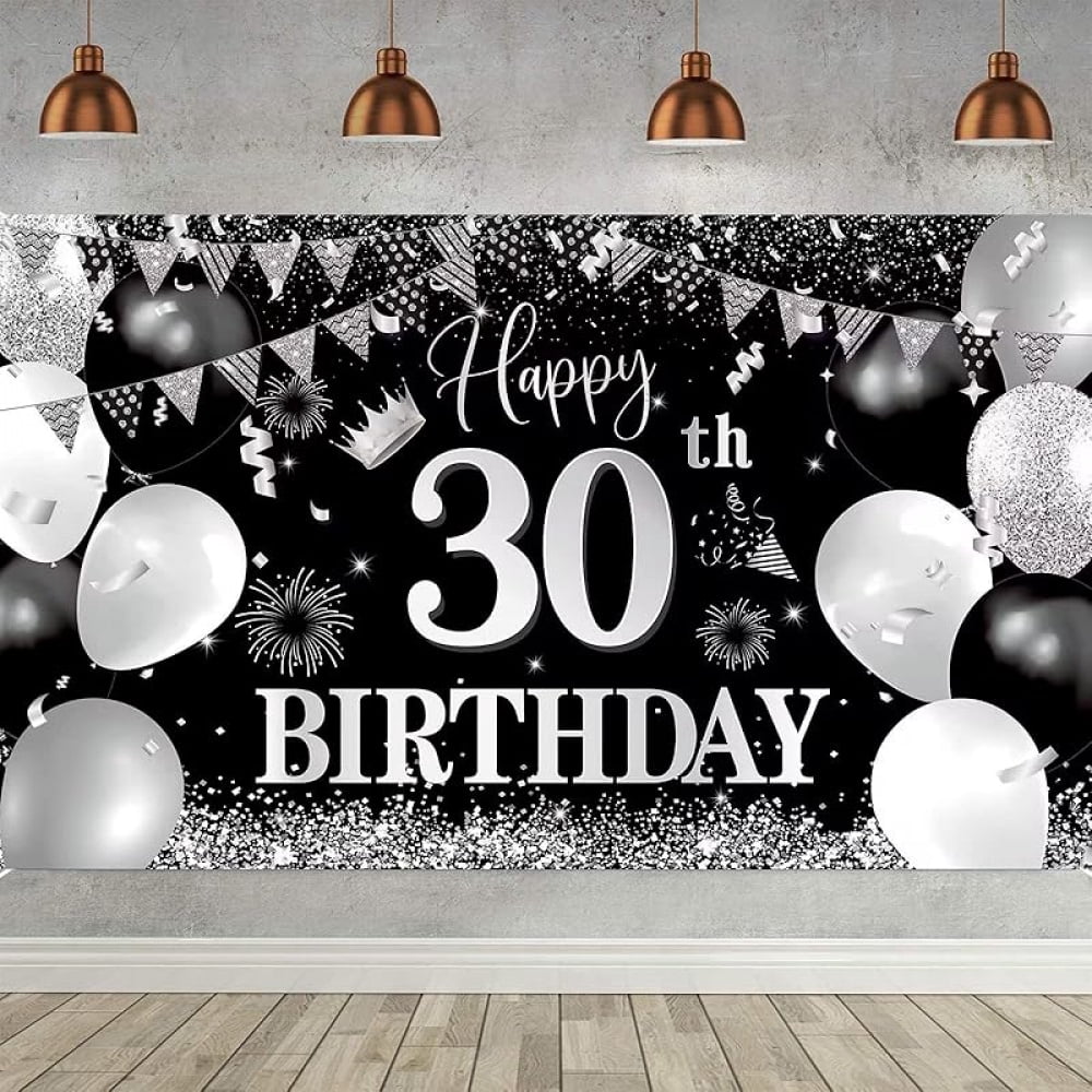 30th Birthday Banner Black Silver, Birthday Banner 30, 30th Birthday ...