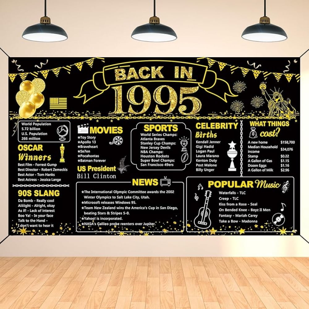 30th Birthday Black Gold Party Decoration, Back in 1995 Banner 30 Year ...