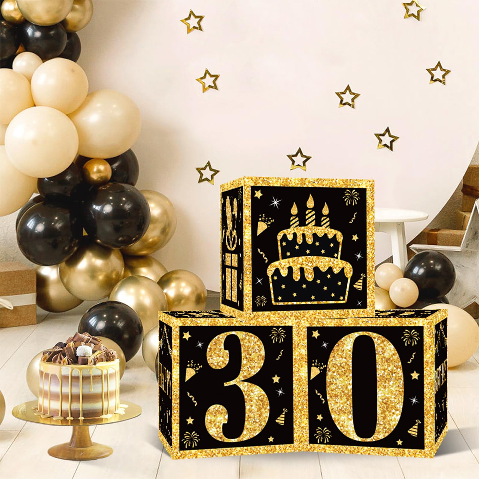 30th Birthday Decorations AJH3 Boxes for Men- 3PCS Black Gold Happy 30th Birthday Balloons Boxes ...