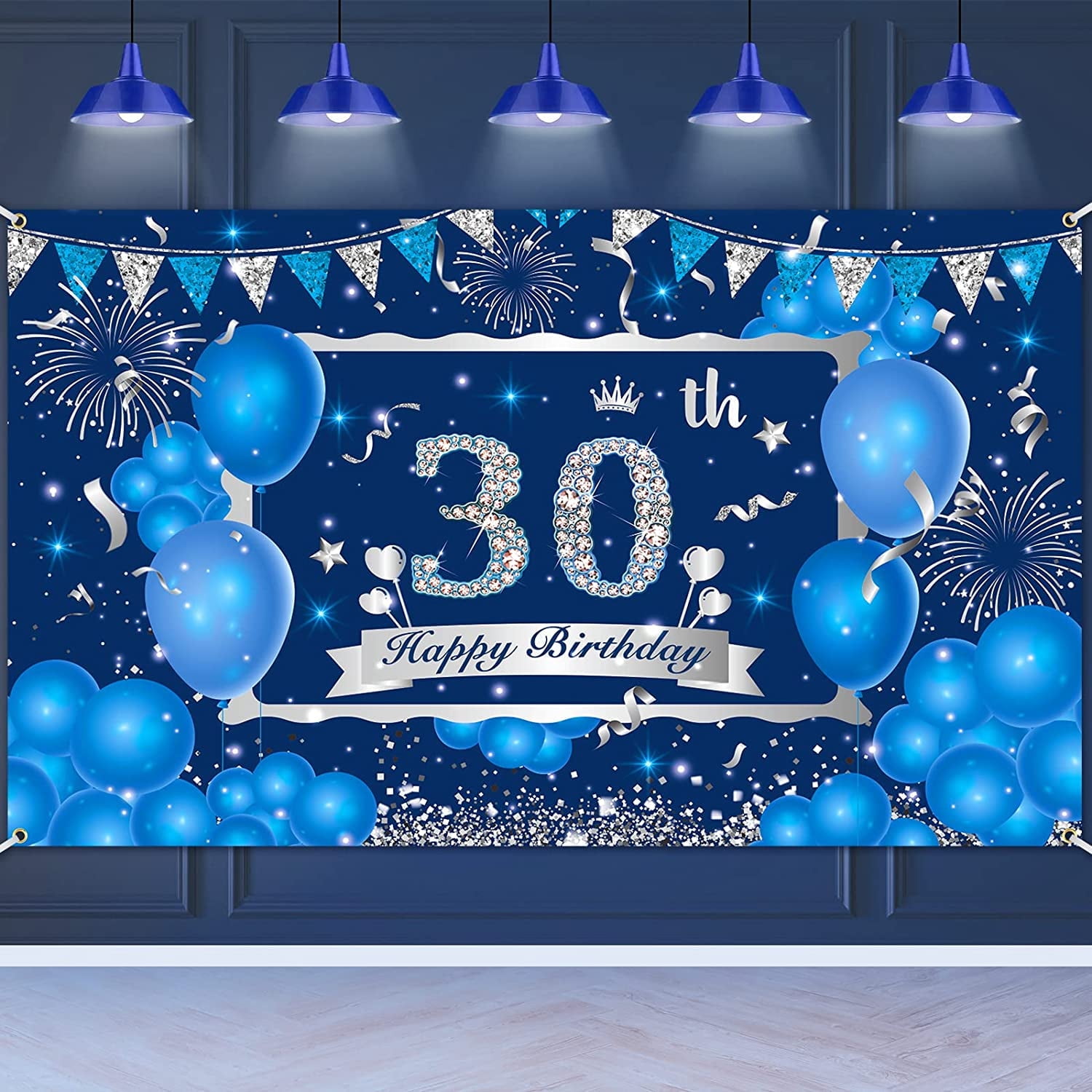 30th Birthday Decorations Banner for Men Women, Blue Silver Happy 30th ...