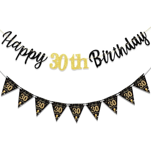 30th Birthday Decorations Banner Women Men, Black Gold Happy ...
