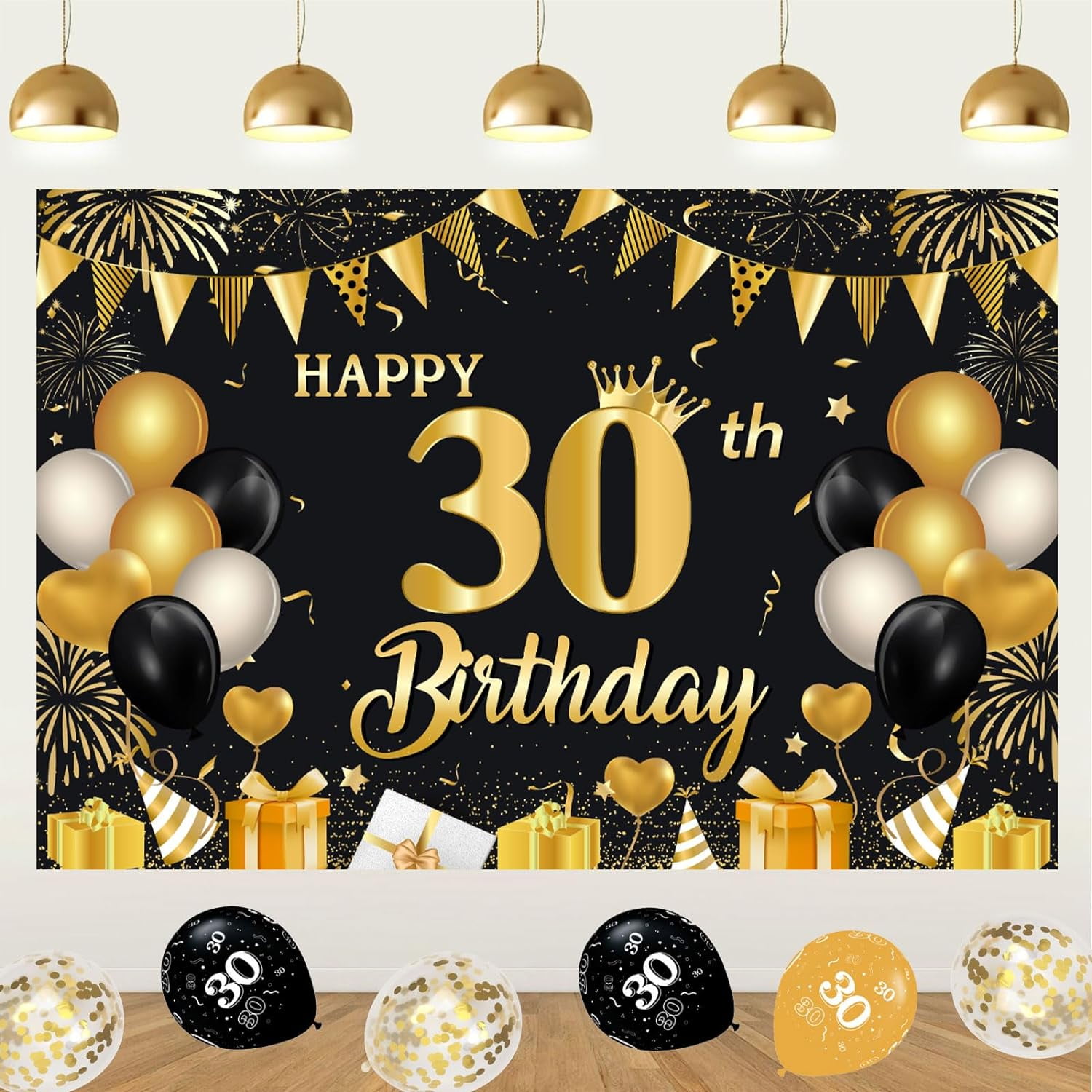 30th Birthday Decorations Black and Gold, Happy 30th Birthday Backdrop ...